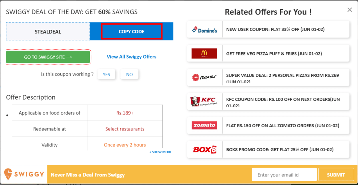 Swiggy Coupons: Up to 60% Off + Items From Rs.29 November 2025