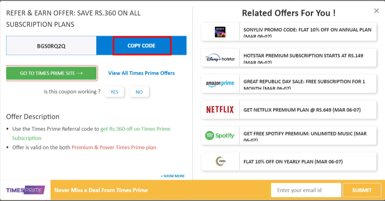 Times Prime Coupon Codes & Offers: Flat Rs.450 Off December 2025